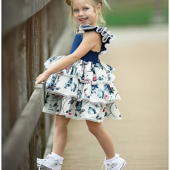 Dresses | Girls Denim Top Ruffle Layered Floral Dress | Poshmark